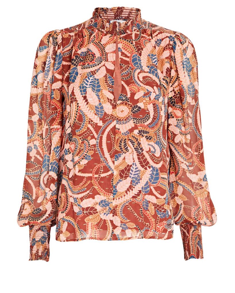 Pais­ley Long Sleeve Silk Blouse In Brown worn by Martha Cro­ker (Di ...