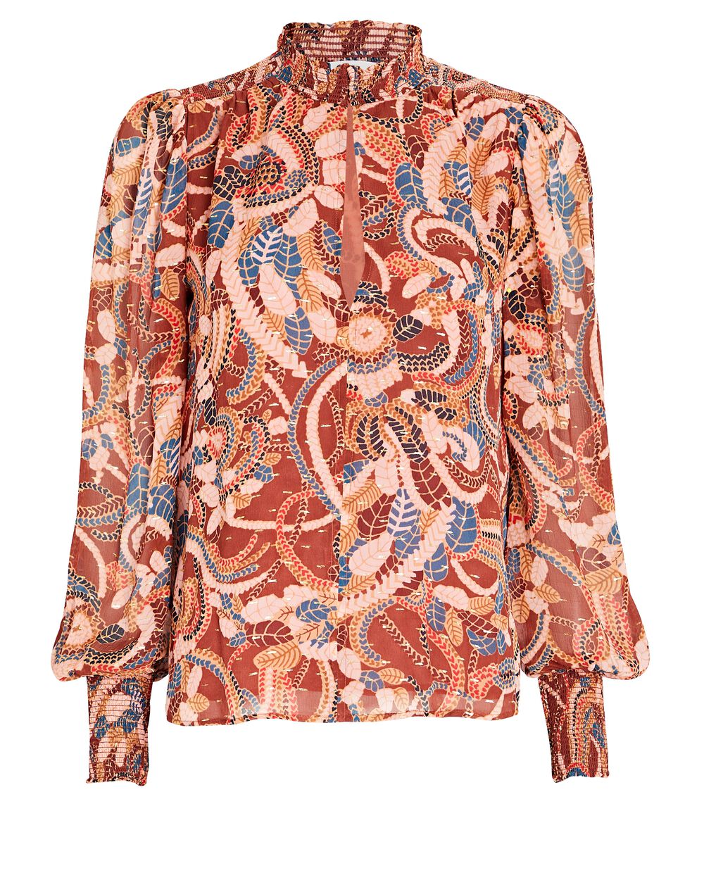 Pais­ley Long Sleeve Silk Blouse In Brown worn by Martha Cro­ker (Di ...